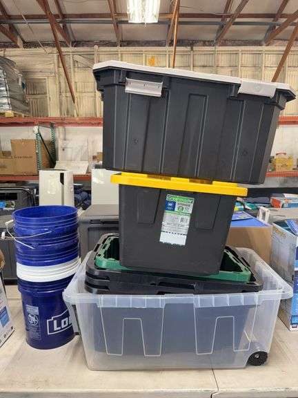 (7) Assorted Storage Totes & (6) 5gal Buckets - NW Asset Services