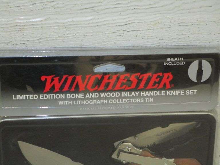 Winchester 3 Pc. Bone & Wood Inlay Handle Knife Set - Oberman Auctions