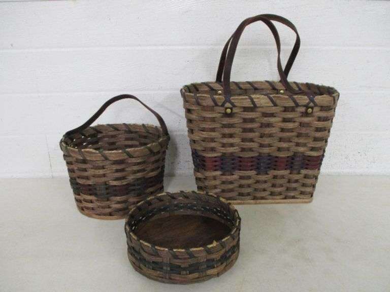 Set of 3 Baskets: 1 Lazy Susan, 2 w/Leather Handles - Oberman Auctions