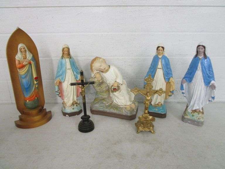 5 - Plaster Religious Statues & 2 - Crucifixes - Oberman Auctions