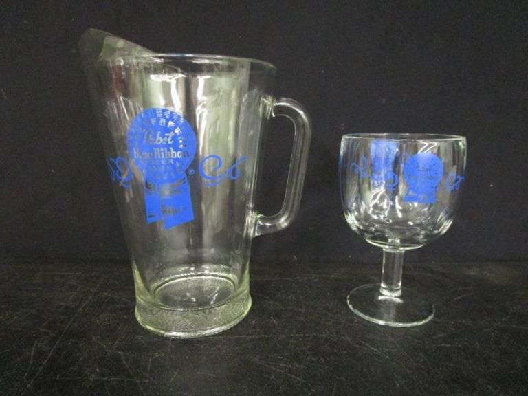 Pabst Blue Ribbon Pitcher & Glass - Oberman Auctions