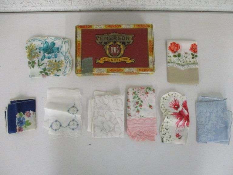 Assortment of Fancy Ladies Hanky's w/a Emerson Cigar Box - Oberman Auctions