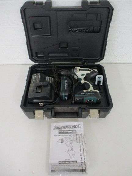 Masterforce 20V 1/2" Drill Driver w/2 Batteries, Charger & Case ...
