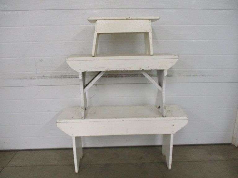2 - Painted Wood Benches & a Step Stool - Oberman Auctions