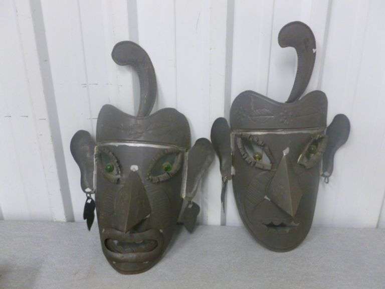 (2) Vintage African Mask Themed - Galvanized Steel Wall Decorations ...