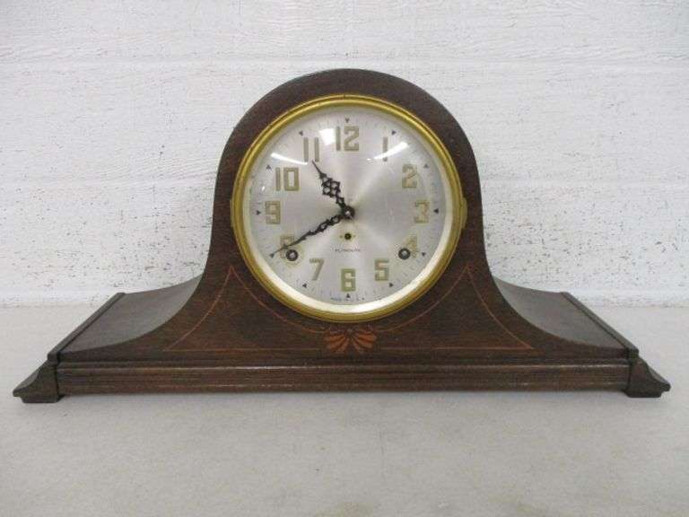 Plymouth Mahogany Camel Back Mantle Clock - Oberman Auctions