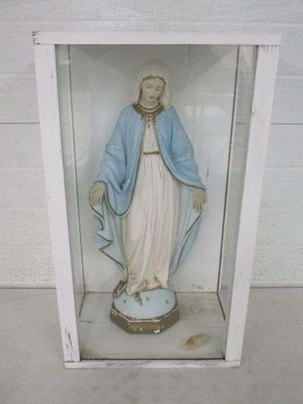 Blessed Mother Mary Plaster Statue In A Wood & Glass Case - Oberman ...
