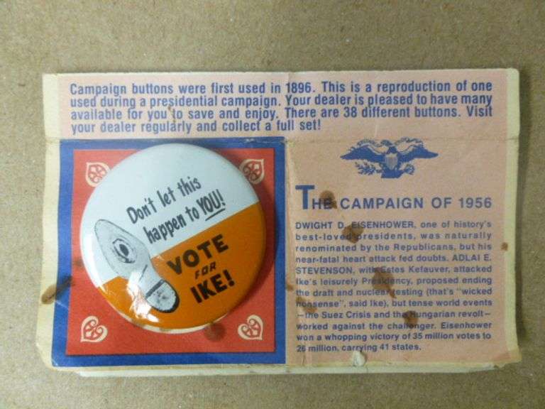 Vintage 1956 Vote For Ike - Pinback Button With Original Paper ...