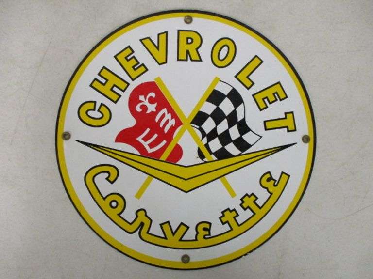 Reproduction Chevrolet Corvette Porcelain Sign - 12" Diameter & a 3' x ...