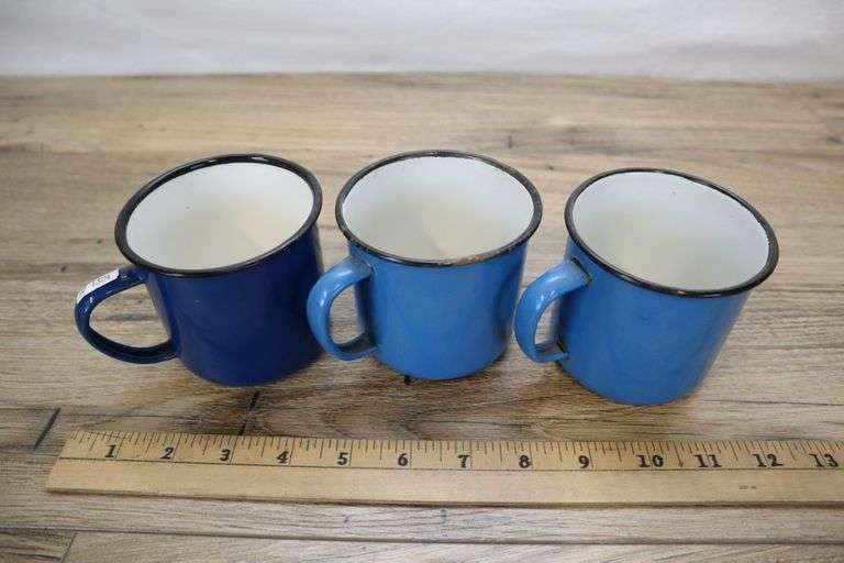 Three Blue White Enamelware Cups, - Pacific Auctions And Appraisals