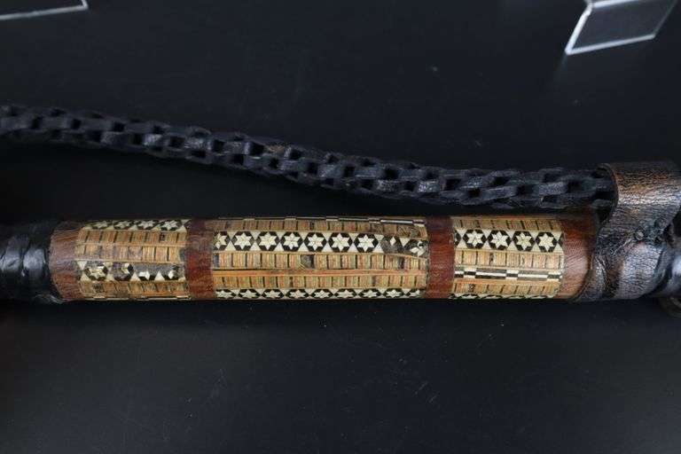AFRICAN CAMEL WHIP, INLAID WITH WOOD AND BONE, LEATHER WRAPPED, 32"L ...
