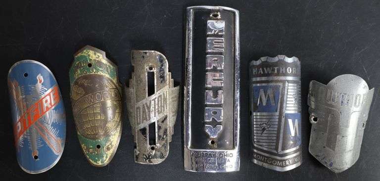 GROUP OF 6 VINTAGE BICYCLE HEAD BADGES, SPITFIRE, SCHWINN HEAD BADGE ...