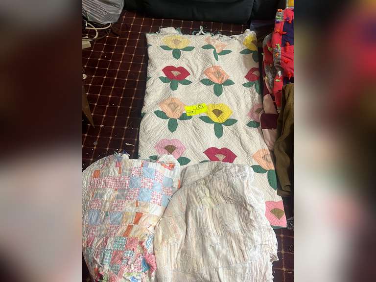 Hand-stitched Rough Quilt with flower pattern and 2 other rough quilts ...