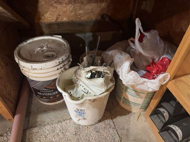 Deck stain, various buckets, tubing, and peg board hardware - Parrott ...