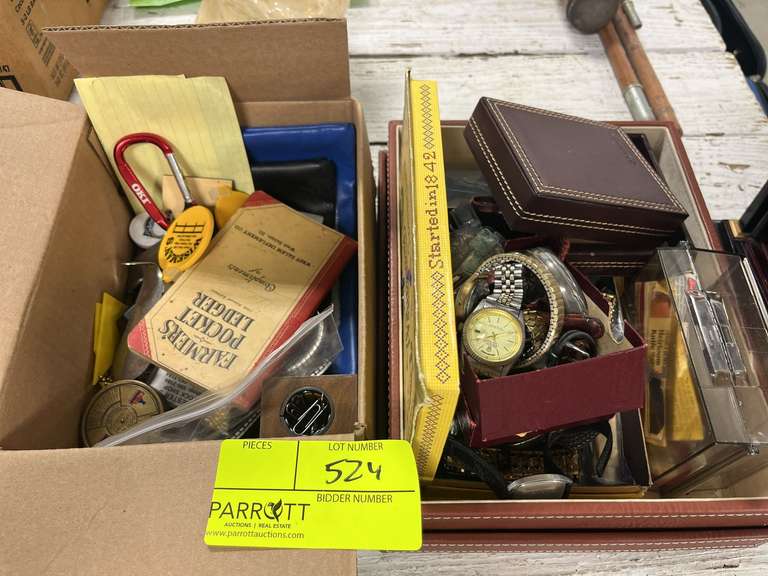 Box of Misc, Desk Clock, & Box of Apparel for Men - Parrott Marketing Group