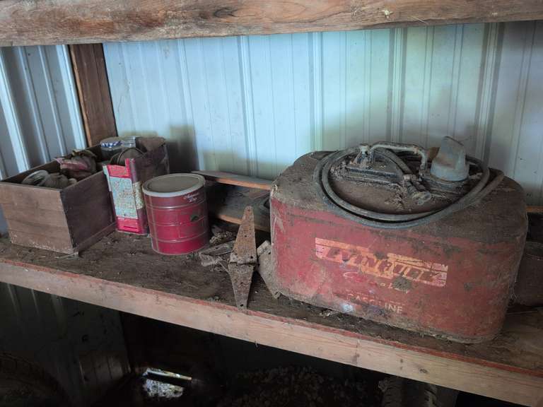 Shelf of Scrap Metal, Car Parts, Boat Fuel Tank and Metal Fryer Tub ...