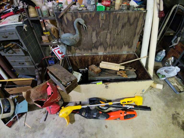 Large homemade wooden toolbox, weed eater, shrub cutter, and contents ...