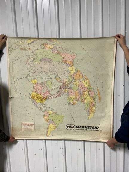 Large 1969 Vintage TWA Airlines Route Map 46” Square - Pat's Auction House
