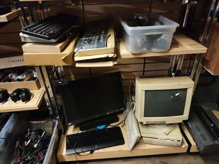 - TWO SHELVES OF COMPUTER GEAR INCLUDING FIRST GEN APPLE COMPUTER 0 ...