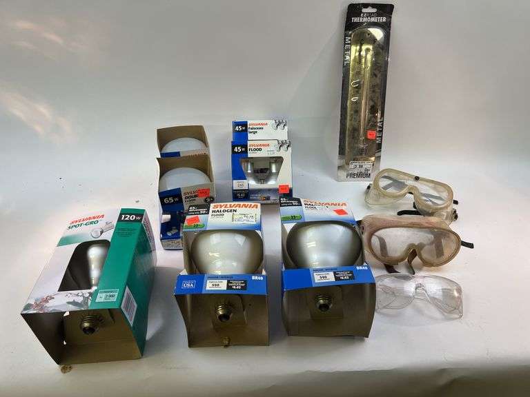 Box of Misc Light Bulbs, Goggles, Flashlight - Peterson Land & Auction LLC
