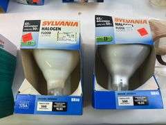 Box of Misc Light Bulbs, Goggles, Flashlight - Peterson Land & Auction LLC