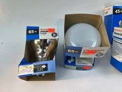 Box of Misc Light Bulbs, Goggles, Flashlight - Peterson Land & Auction LLC