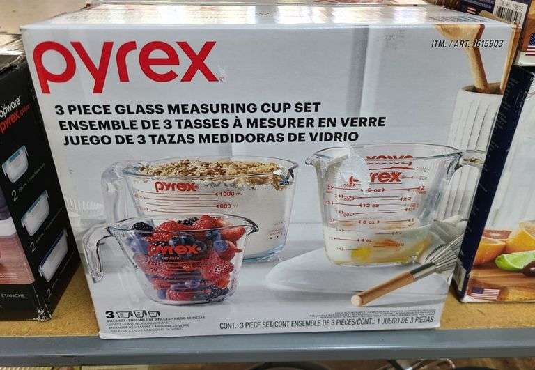 1) Pyrex 3pc Glass Measuring Cup Set - Prime Time Auctions, Inc.