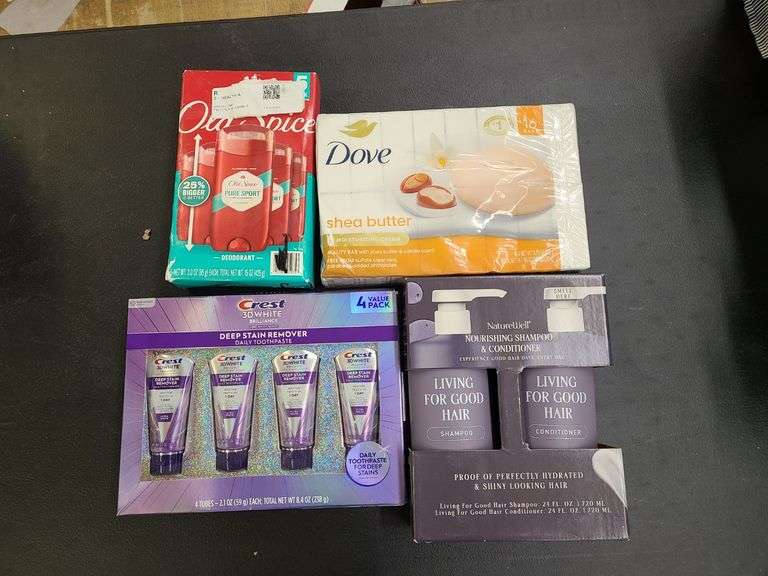 1) Old Spice Deodorant, 1) Dove Bar Soap, 1) Crest 3D White Toothpaste ...