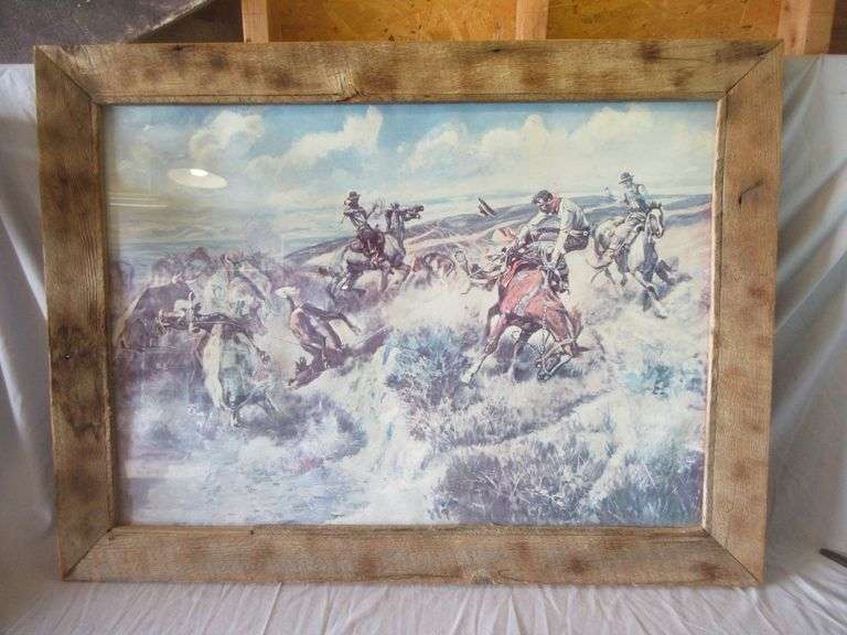 Charlie Russell Print in Barn Wood Frame - Prime Time Auctions, Inc.