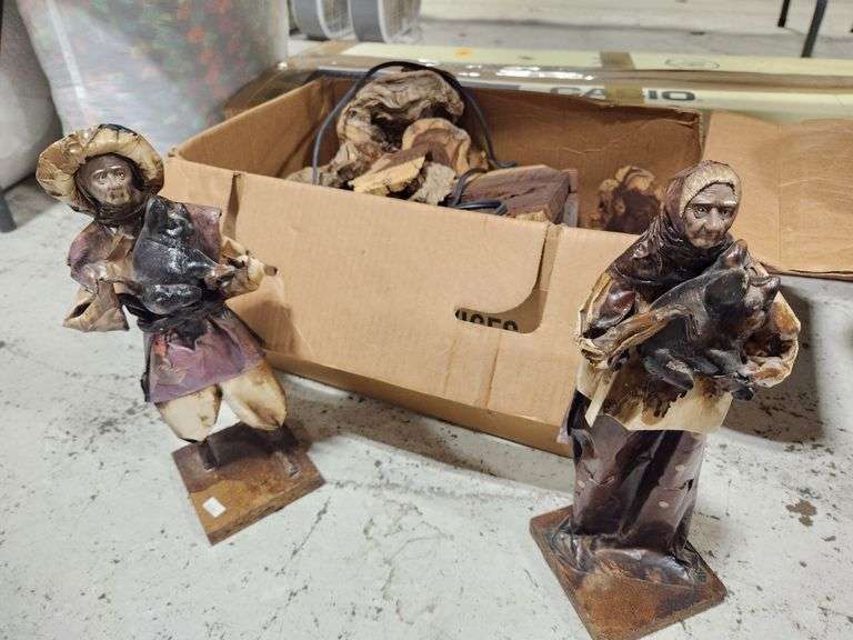 2) Mexican Folk Art Paper Mache Figurines and Box of Assorted Wood ...