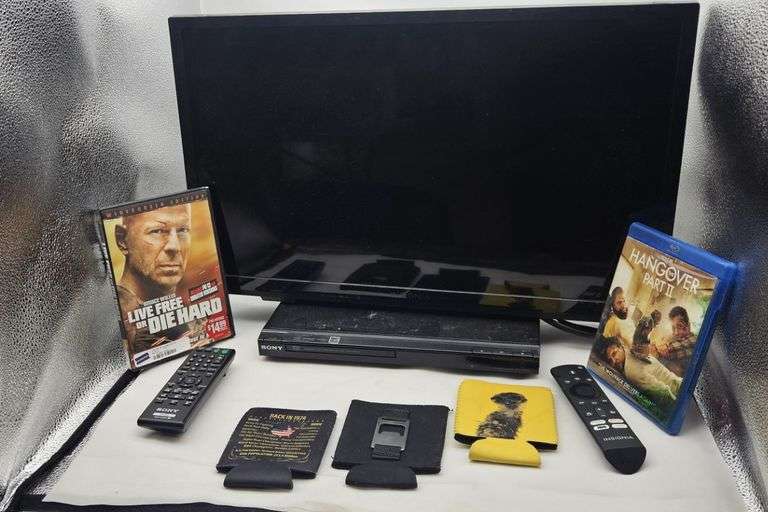 Insignia TV & Sony DVD Player With Remotes, 2) DVD's, 3) Koozie's ...