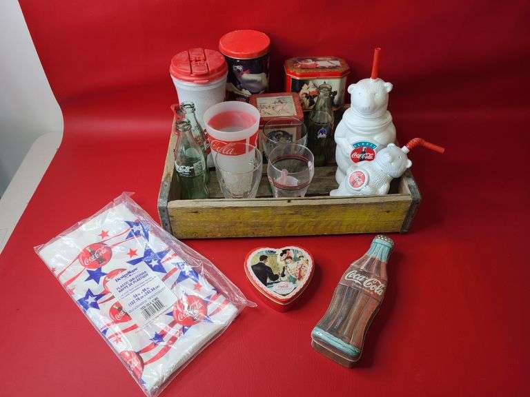 Vintage Wood Coca-Cola Crate with Tins, Glasses, Bottles, Tablecloth ...