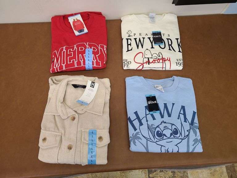 Ladies Large: 1) Merry Sweatshirt, 1) Peanuts Sweatshirt, 1) Stitch ...
