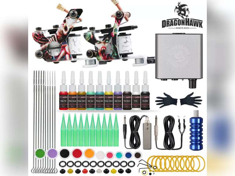 Dragonhawk Beginner Tattoo Kit 2 Machines Inks Mini Power Supply Set ...