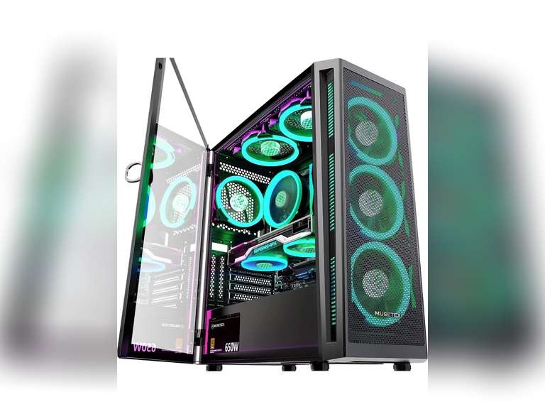 MUSETEX ATX PC Case Pre-Install 6 PWM ARGB Fans, Mid Tower Gaming Case ...