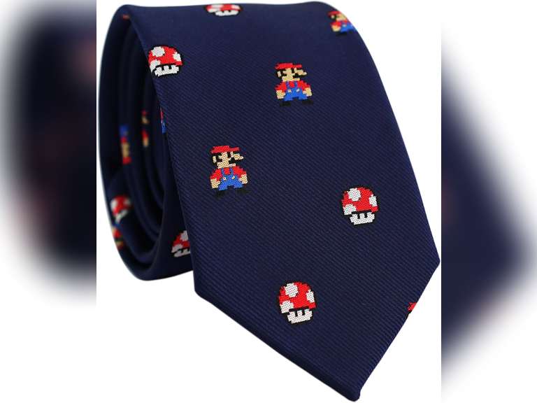 Mario and Mushroom Tie for Men, Designer Navy Blue Necktie with Pattern ...