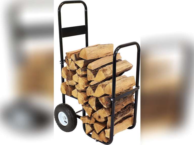 Sunnydaze Outdoor Firewood Log Cart with Pneumatic Tires - Black Steel ...
