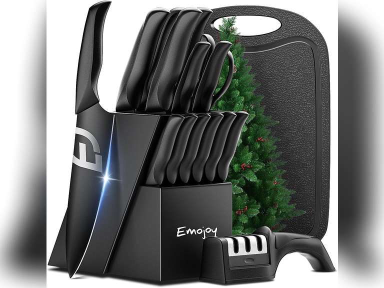 Emojoy Knife Set, 16 Pieces Black Knife Set for Kitchen with 3-Stage ...