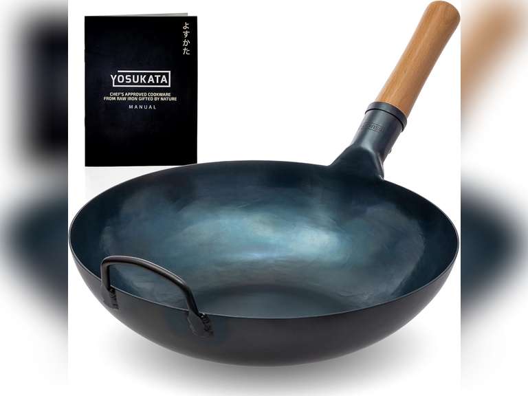 YOSUKATA Flat Bottom Wok Pan - 13.5" Blue Carbon Steel Wok ...