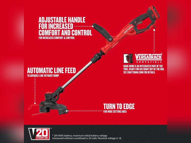 CRAFTSMAN V20 20-Volt Max 13-in Straight Cordless String Trimmer with ...