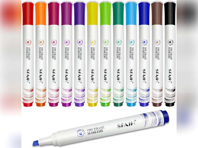 Chisel Tip Dry Erase Markers - 12 Colors Low Odor Non-Toxic Easy Clean ...