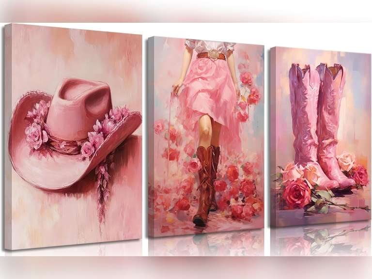 3Pcs Pink Cowgirl Canvas Wall Art Funky Cowgirl Boots Pictures Wall ...