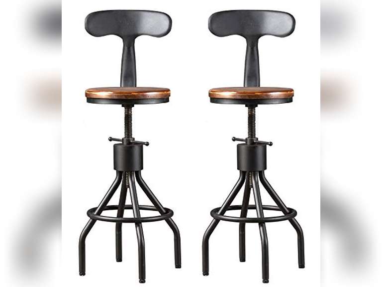 LOKKHAN Set of 2 Rustic Industrial Bar Stool-24-30 Tall Adjustable Metal Swivel Wooden Top ...