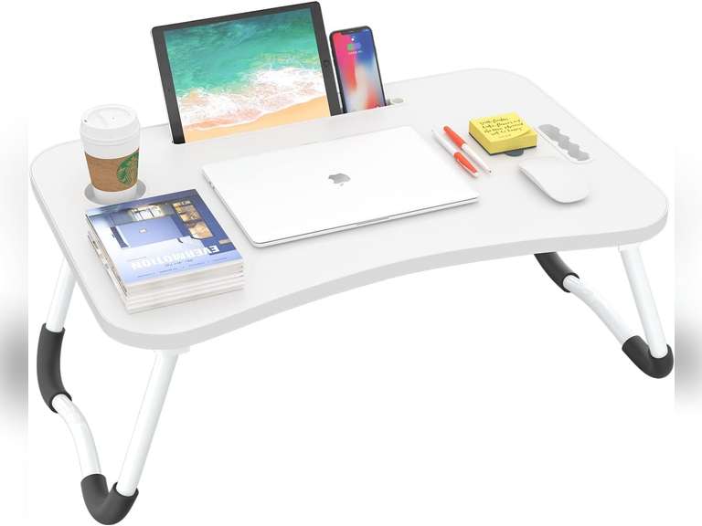 BUYIFY Folding Lap Desk, 23 Inch Portable Wood White Laptop Bed Desk ...
