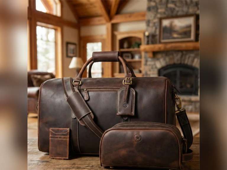 Austin Leather Overnight Bag With Wallet & Toiletry Bag Combo - Dark ...