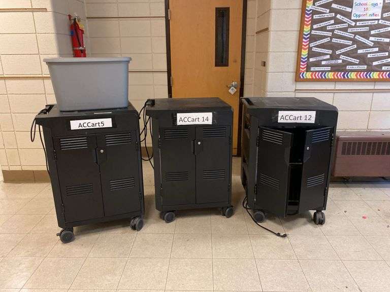 3 power shuttle ERGOTRON carts & box of miscellaneous classroom items - RES Auction Services