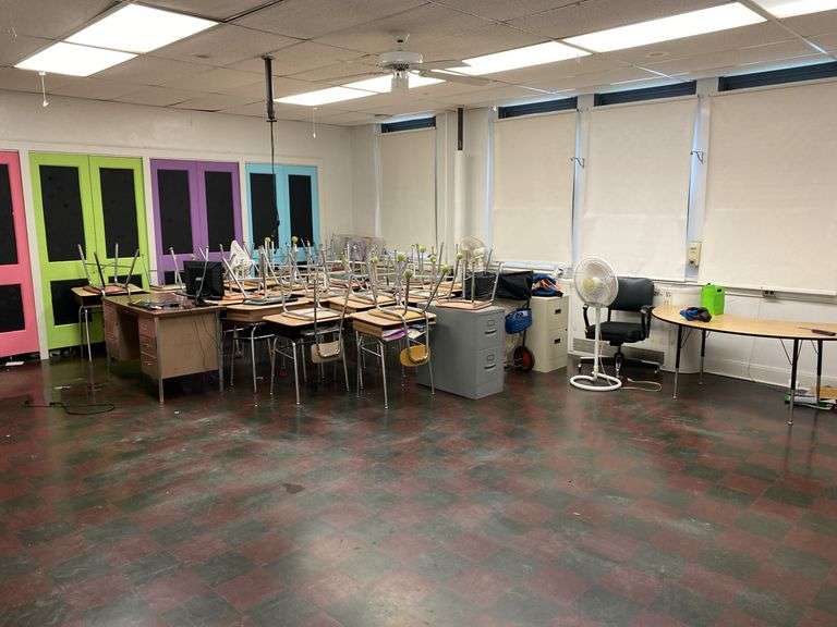 Student desks and chairs mini filing cabinets smart board - RES Auction Services