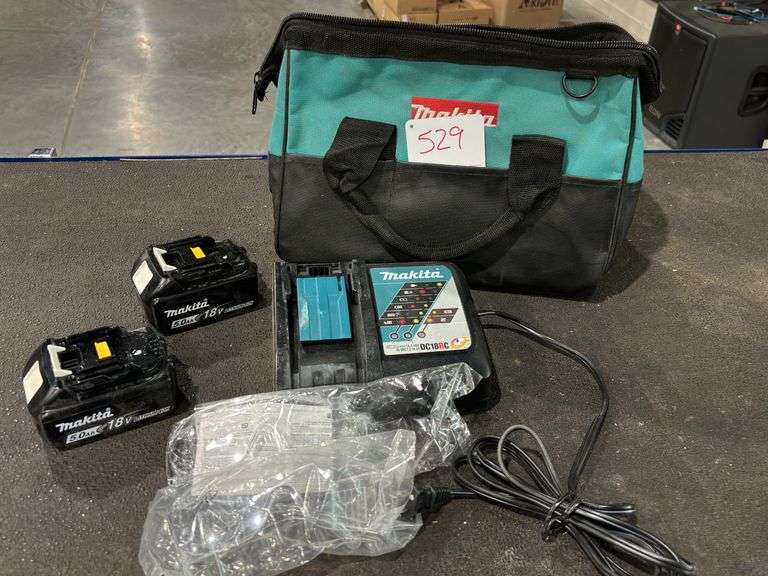 (2) Makita Batteries w/ Charger In Makita Tool Tote - RES Auction Services