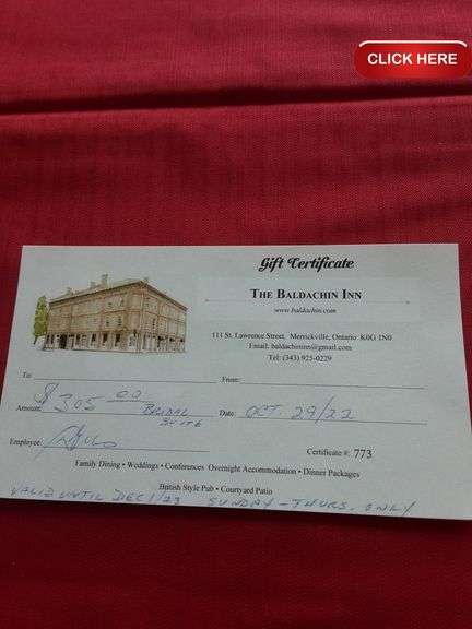 THE BALDACHIN INN BRIDAL SUITE 1 NIGHT STAY CERTIFICATE - Rideau Auctions