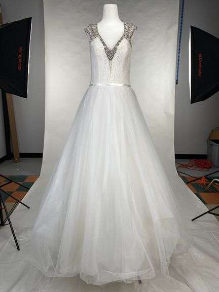 White V-Neck Lace Tulle Train Wedding Dress w/ Crystal Embelished Neck ...